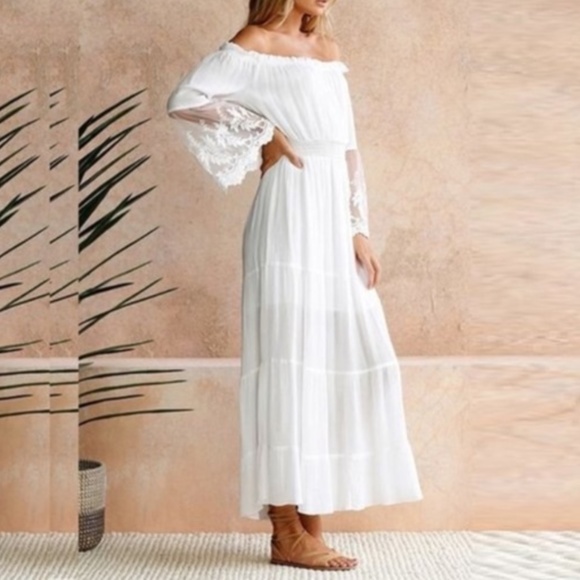 Dresses | Bohemian White Off Shoulder Floral Embroidered Sleeve Ruffle ...